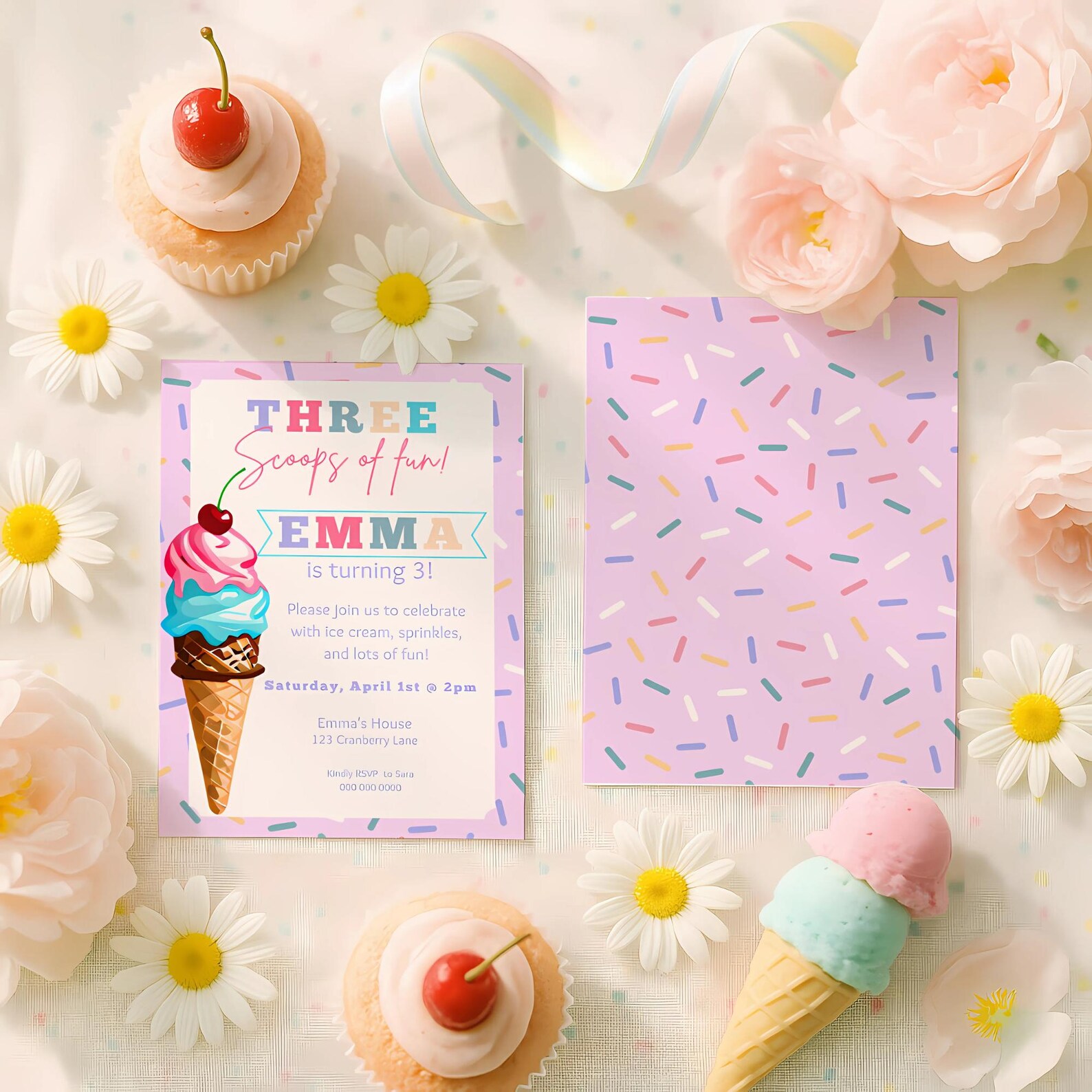 Three Scoops of Fun Birthday Invitation Template, Editable Ice Cream ...
