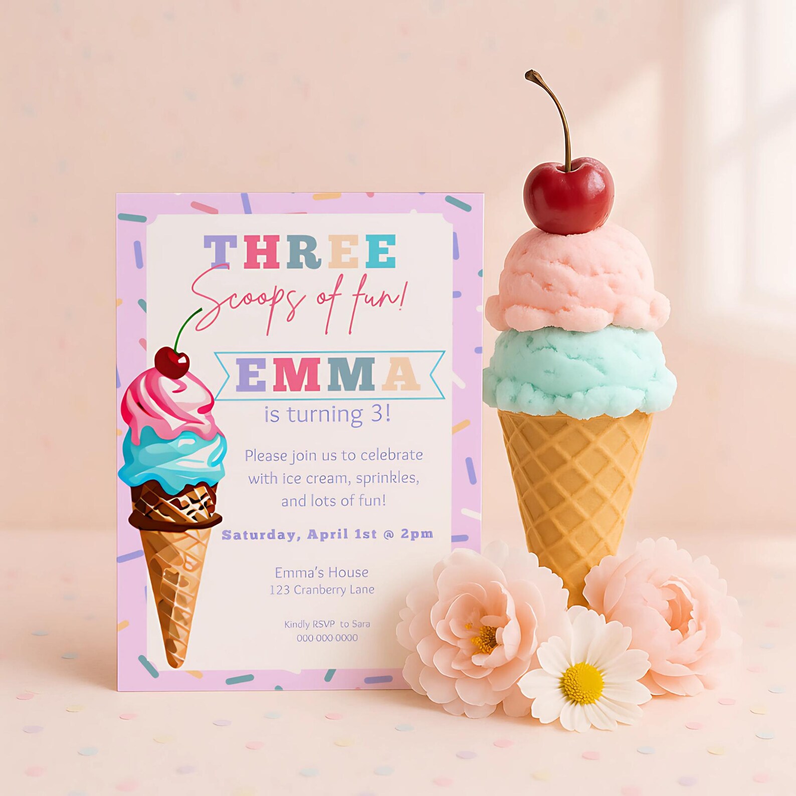 Three Scoops of Fun Birthday Invitation Template, Editable Ice Cream ...