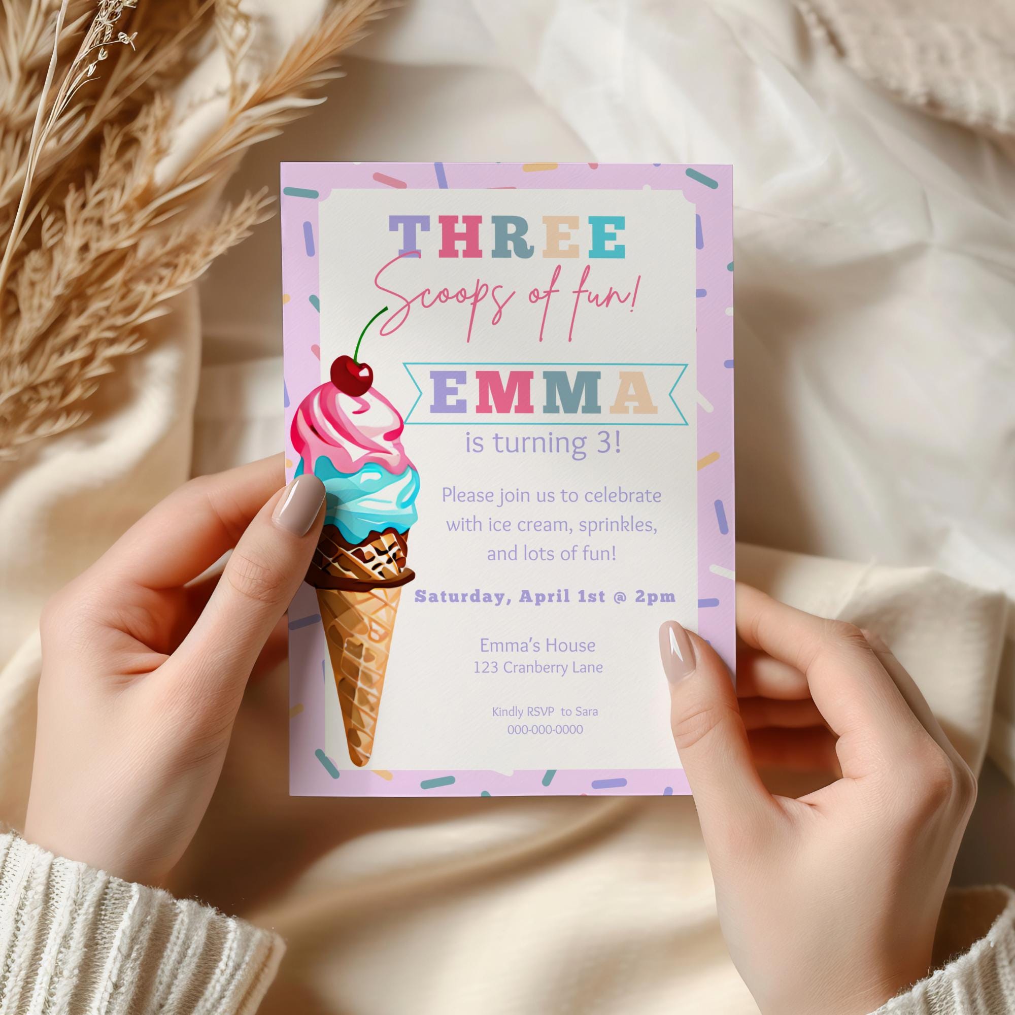 Three Scoops of Fun Birthday Invitation Template, Editable Ice Cream ...