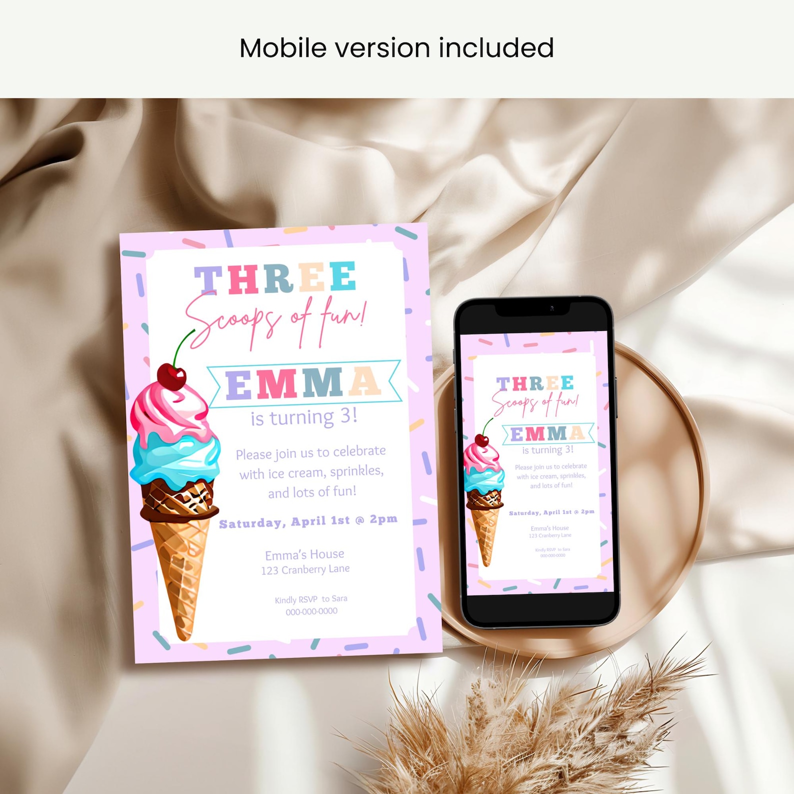 Three Scoops of Fun Birthday Invitation Template, Editable Ice Cream ...