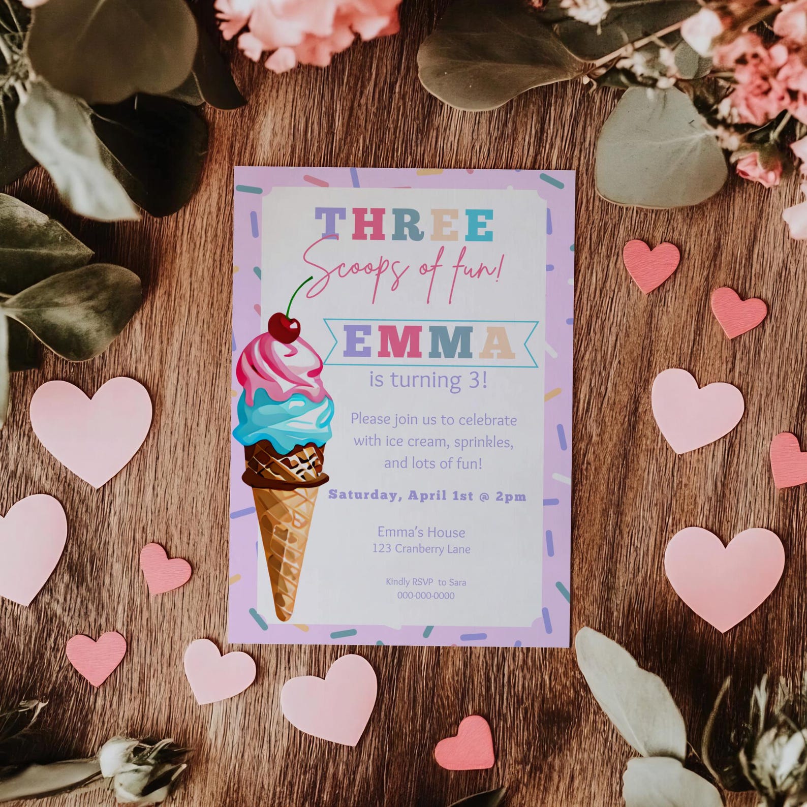Three Scoops of Fun Birthday Invitation Template, Editable Ice Cream ...