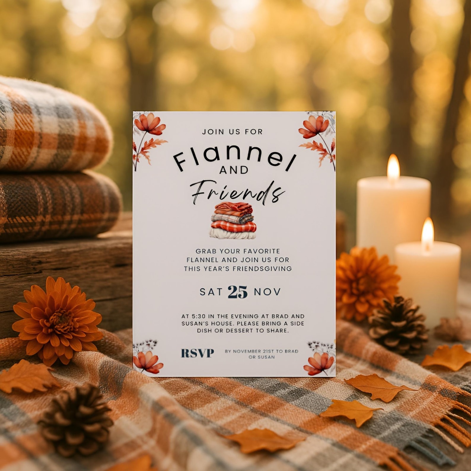 Friendsgiving Invitation Template, Printable Flannel and Friends Invite ...