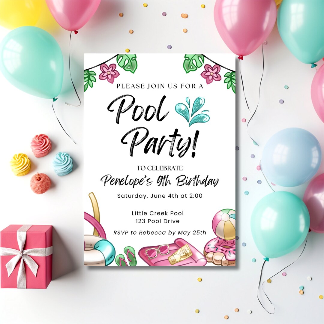 Editable Pool Party Invitation Template, Printable Girls Pool Party ...