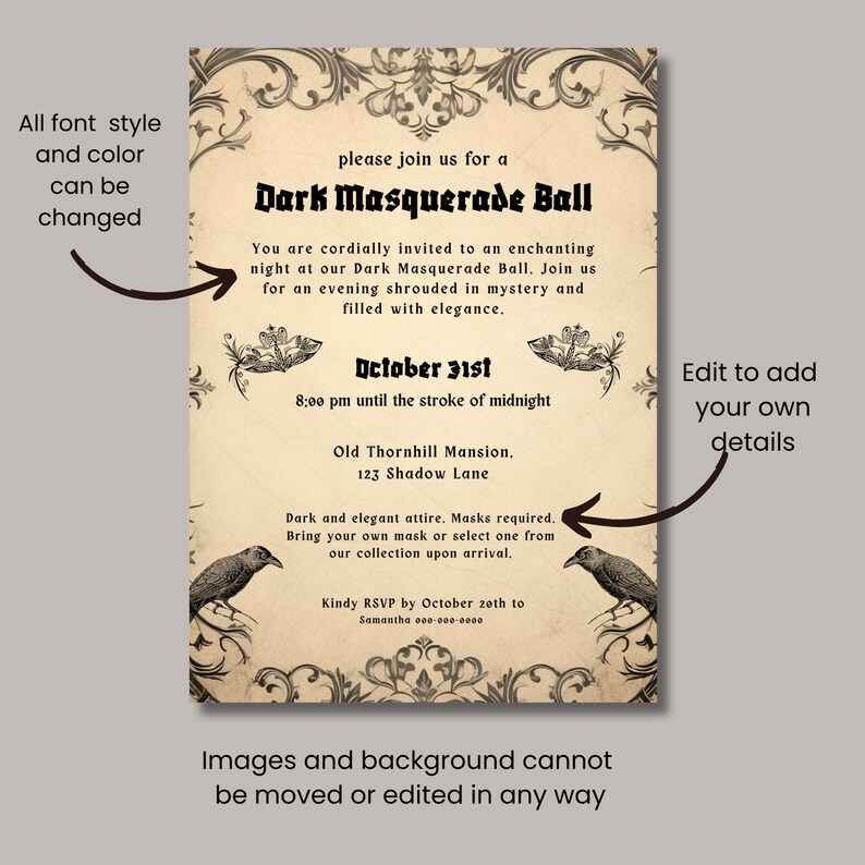 Adult Halloween Party Invitation Template, Printable Masquerade Ball ...
