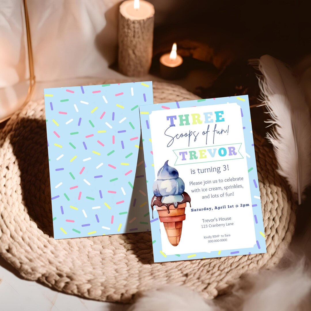 Three Scoops of Fun Birthday Invitation Template, Editable Ice Cream ...