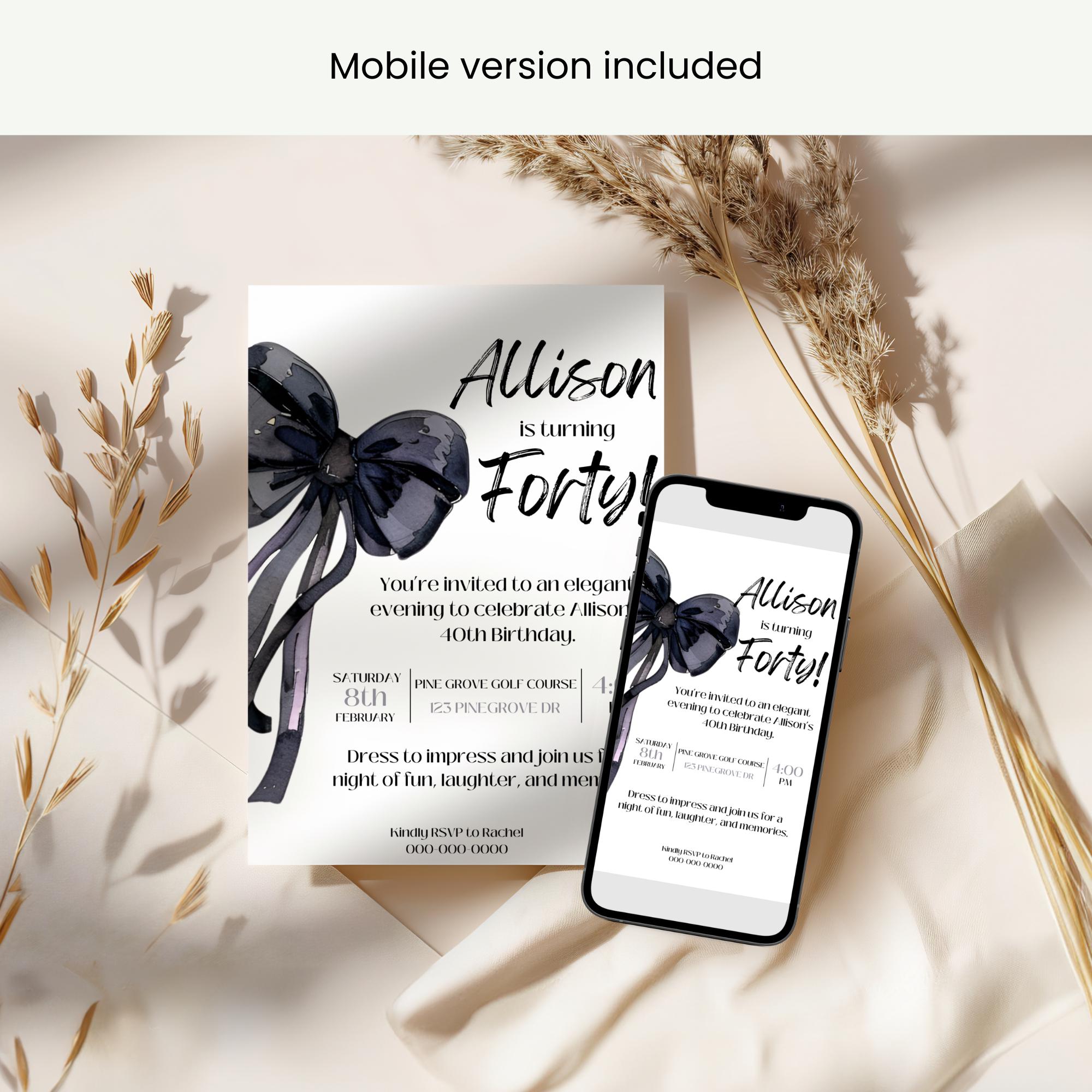 Bow Birthday Party Invitation Template, Editable Bow Birthday Invite ...