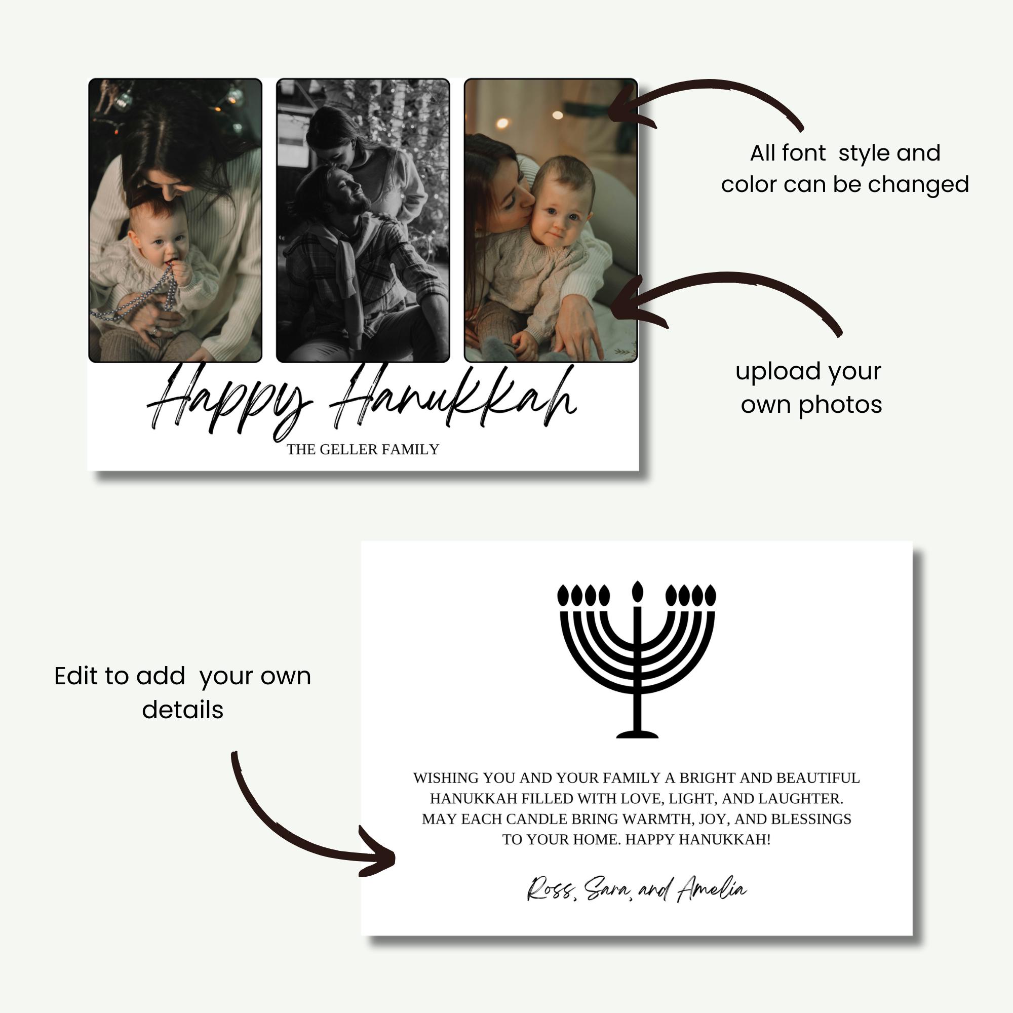 Photo Holiday Card Template, Printable Happy Hanukkah Card, Editable ...