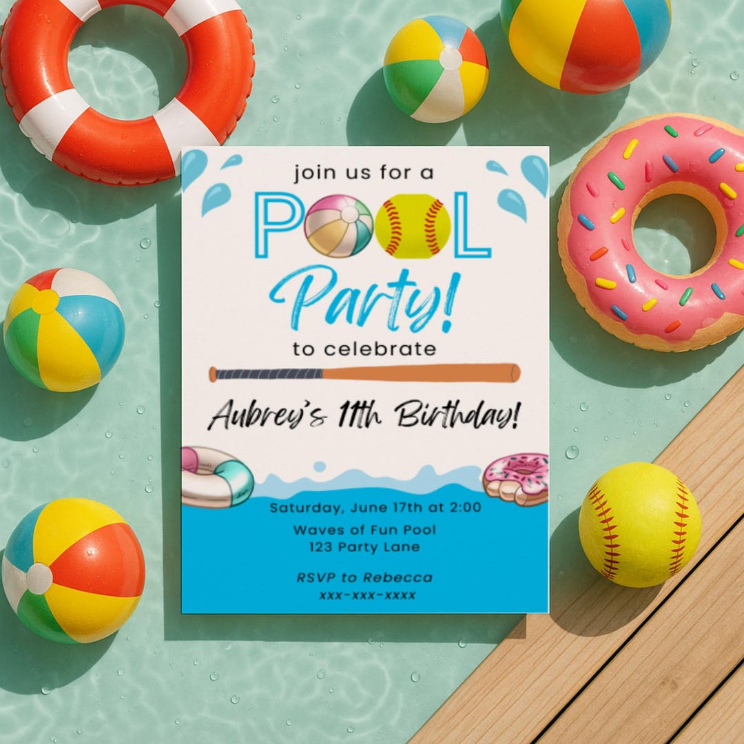 Softball Pool Party Invitation, Editable Template, Sports Swim Party ...