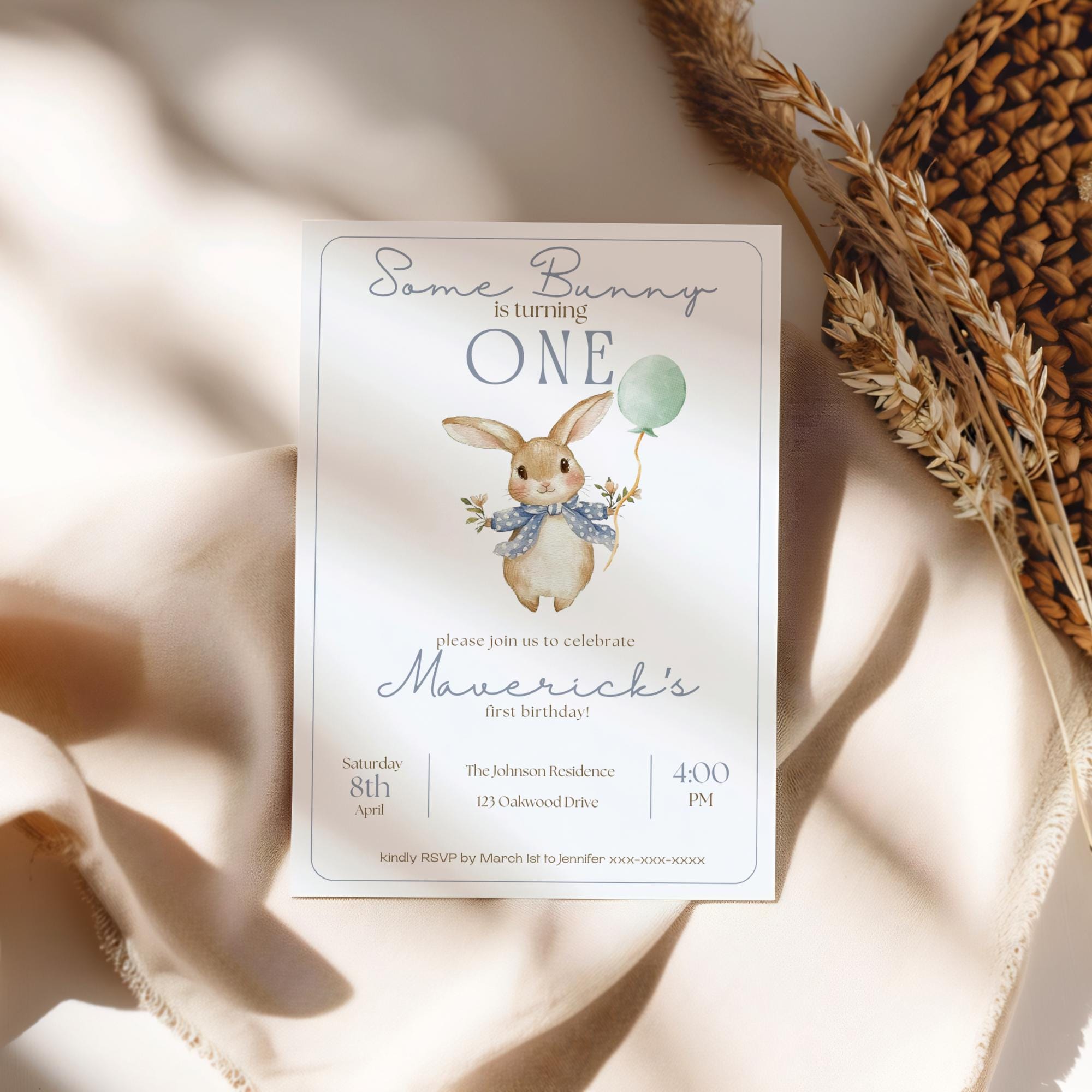 Bunny Birthday Invitation Template, Editable Somebody is One Invite ...