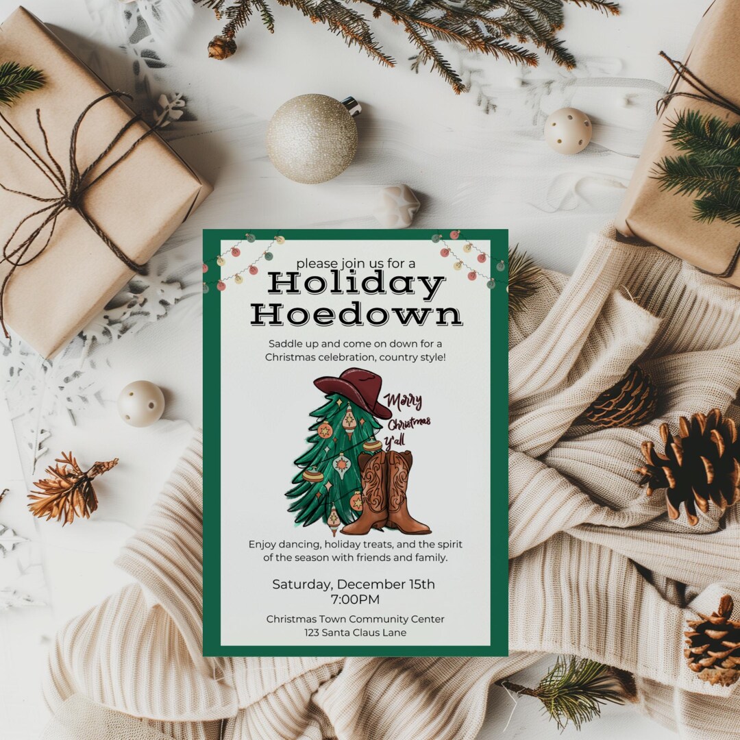 Holiday Hoedown Invitation Template, Editable Western Christmas Party ...