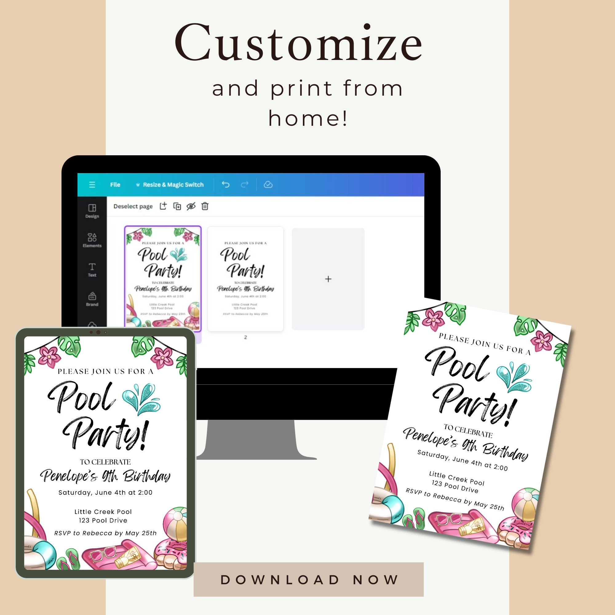 Editable Pool Party Invitation Template, Printable Girls Pool Party ...