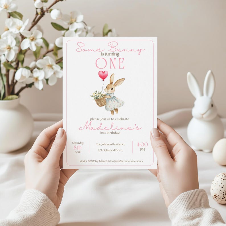 Bunny Birthday Invitation Template, Editable Somebody is One Invite ...