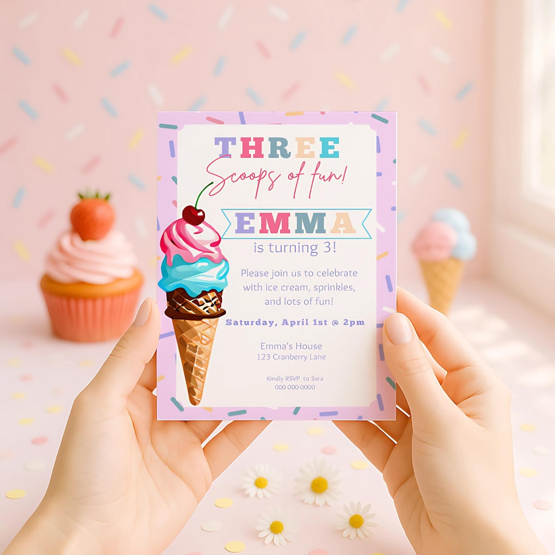 Three Scoops of Fun Birthday Invitation Template, Editable Ice Cream ...
