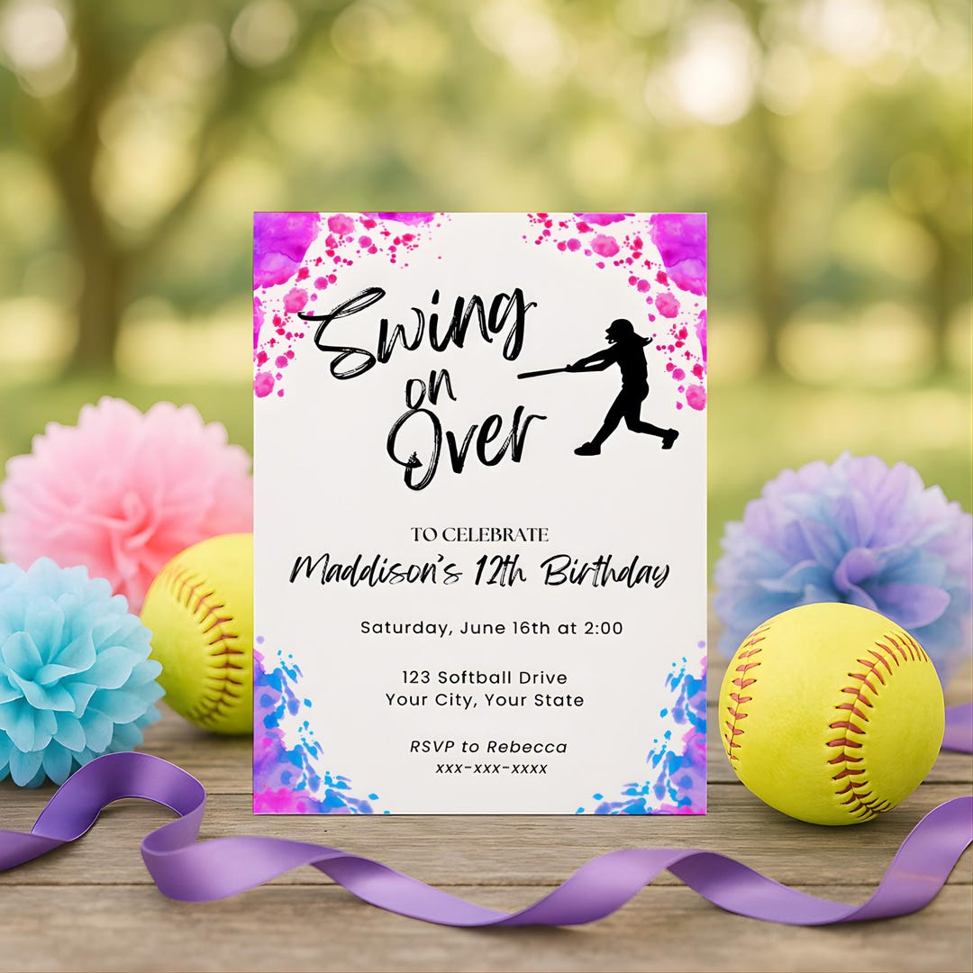 Softball Party Invitation, Editable Template, Girls Sports Birthday ...