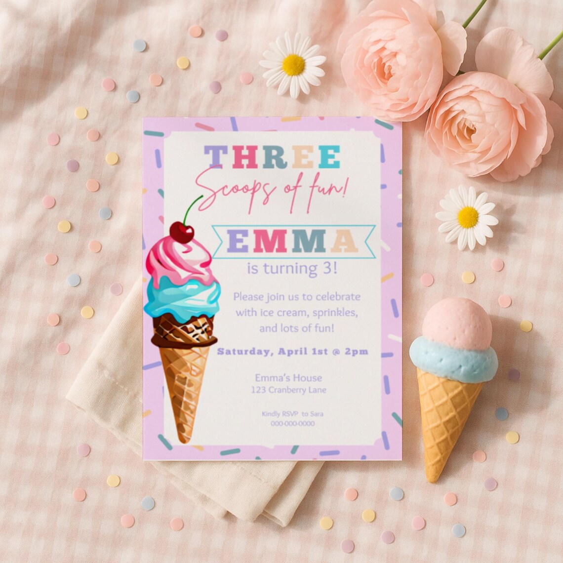 Three Scoops of Fun Birthday Invitation Template, Editable Ice Cream ...