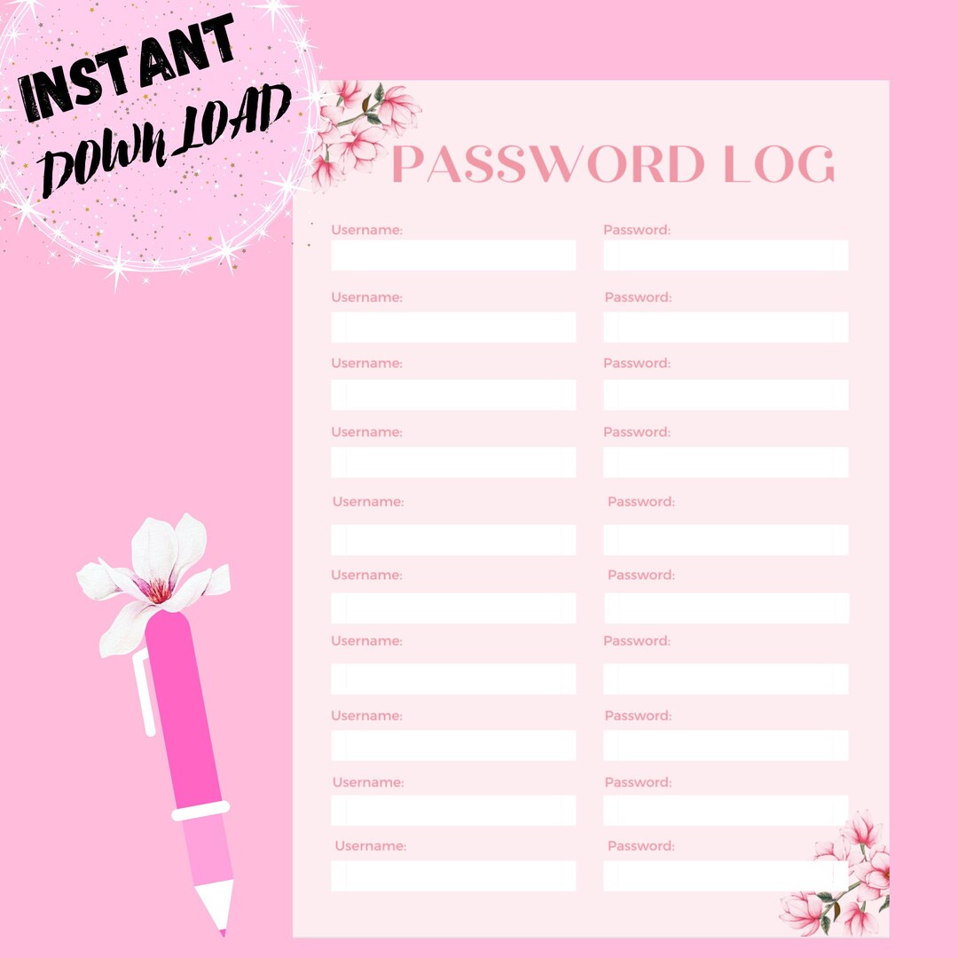 Pink Printable Password Log, Password Keeper Password Organizer ...