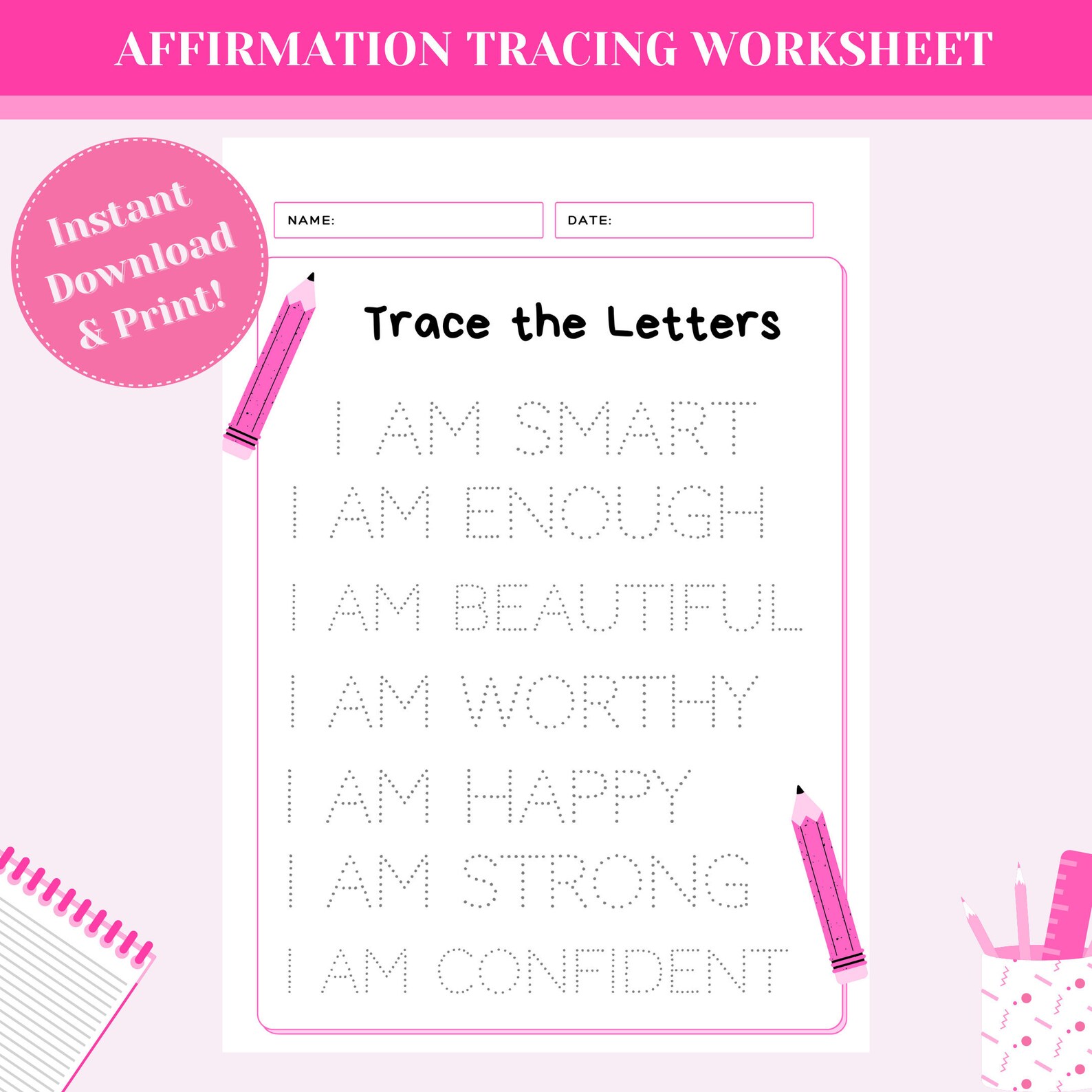 Affirmation Tracing Sheet-handwriting Practice Sheet-anxiety Tracing ...
