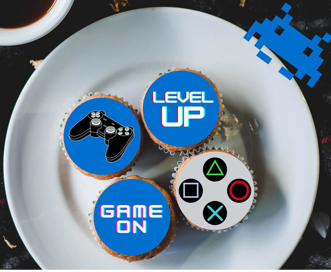 12 Edible Gamer Cupcake Toppers 2 / 5cm Pre-cut Games Gaming Console ...