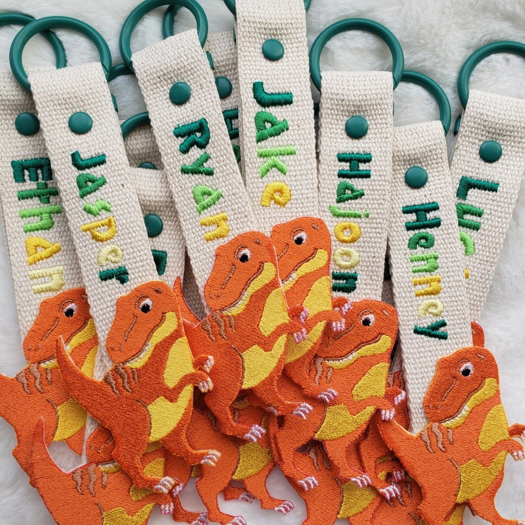 Embroidered T-rex Name Tag: Dino Keychain, Kids School Bag Tag - Etsy