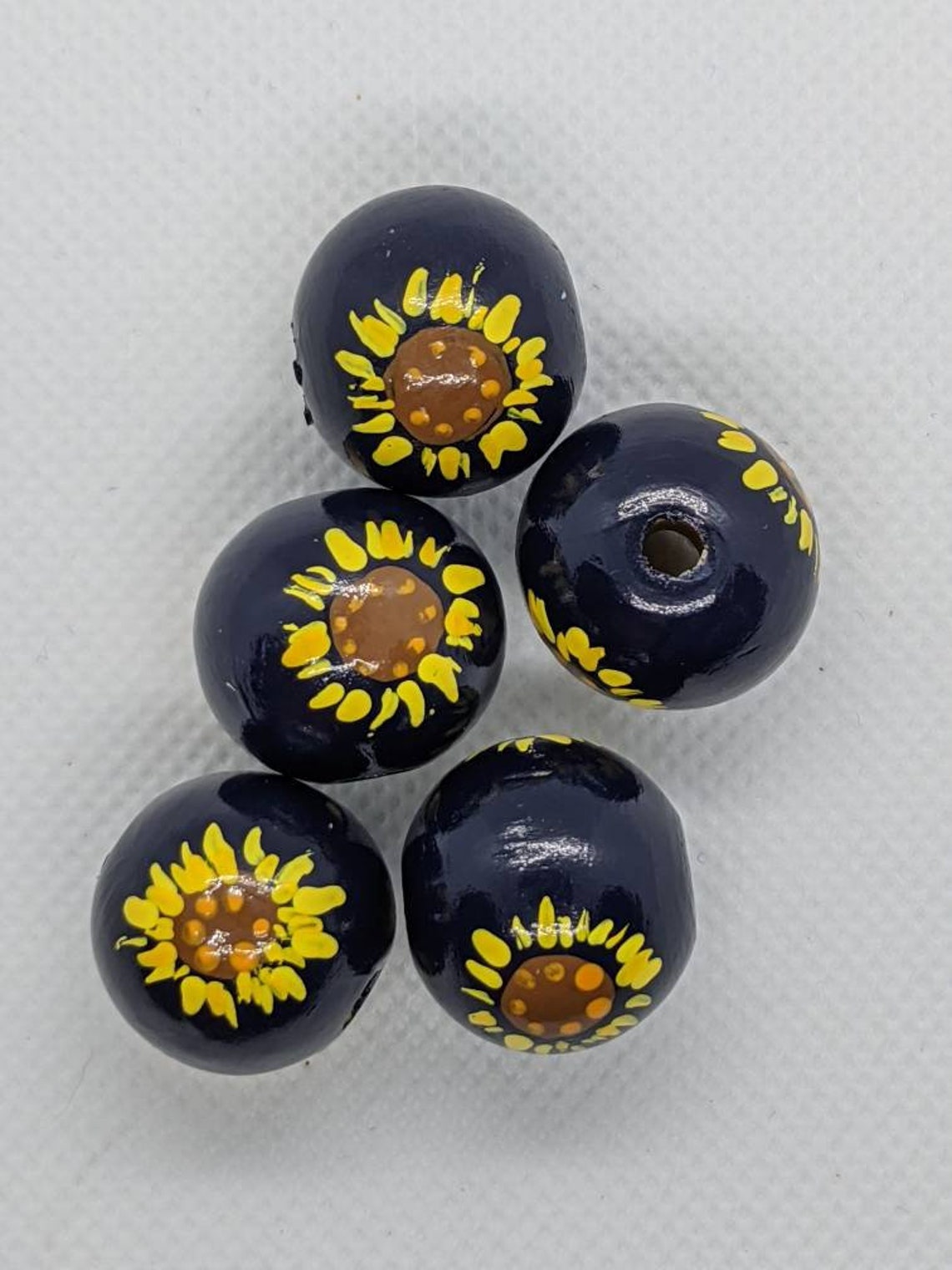 Hand Painted Wooden Beads, Midnight Blue Sunflower Design (5 Pieces) - Etsy
