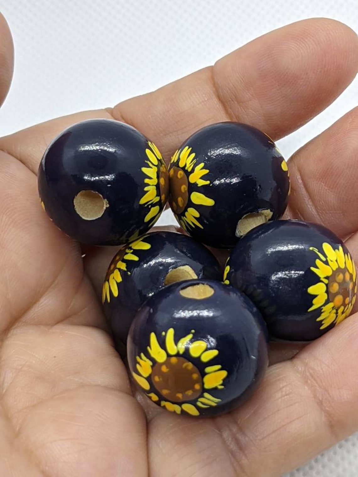 Hand Painted Wooden Beads, Midnight Blue Sunflower Design (5 Pieces) - Etsy