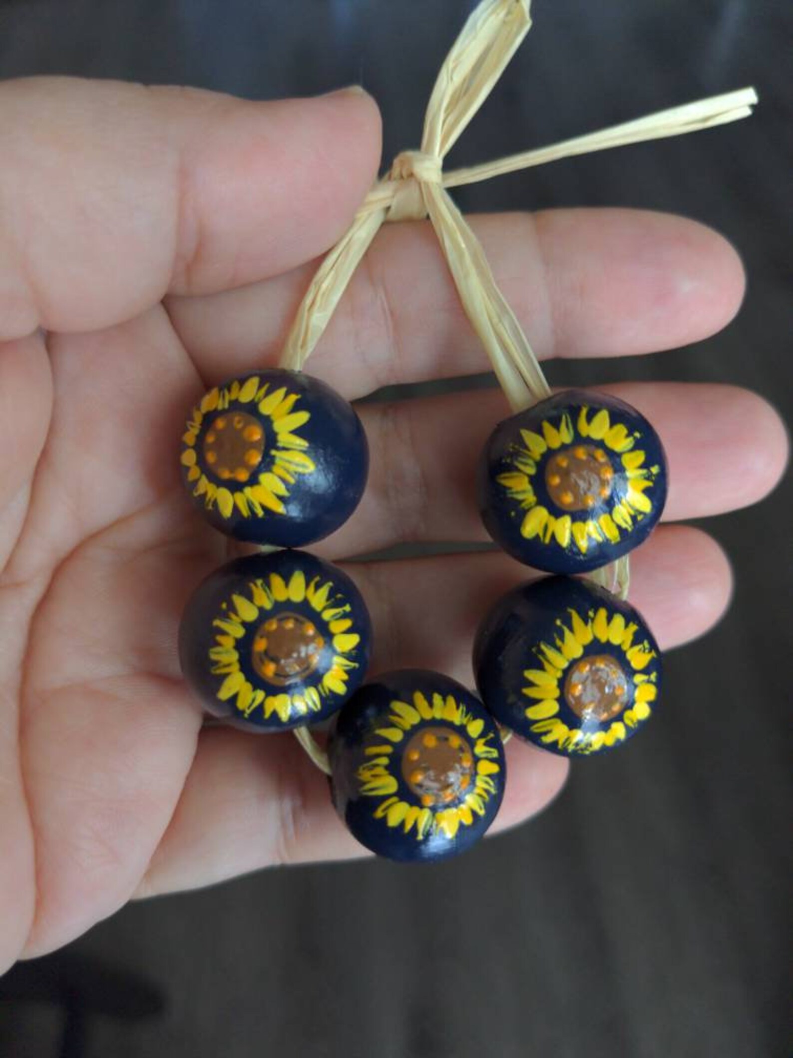 Hand Painted Wooden Beads, Midnight Blue Sunflower Design (5 Pieces) - Etsy