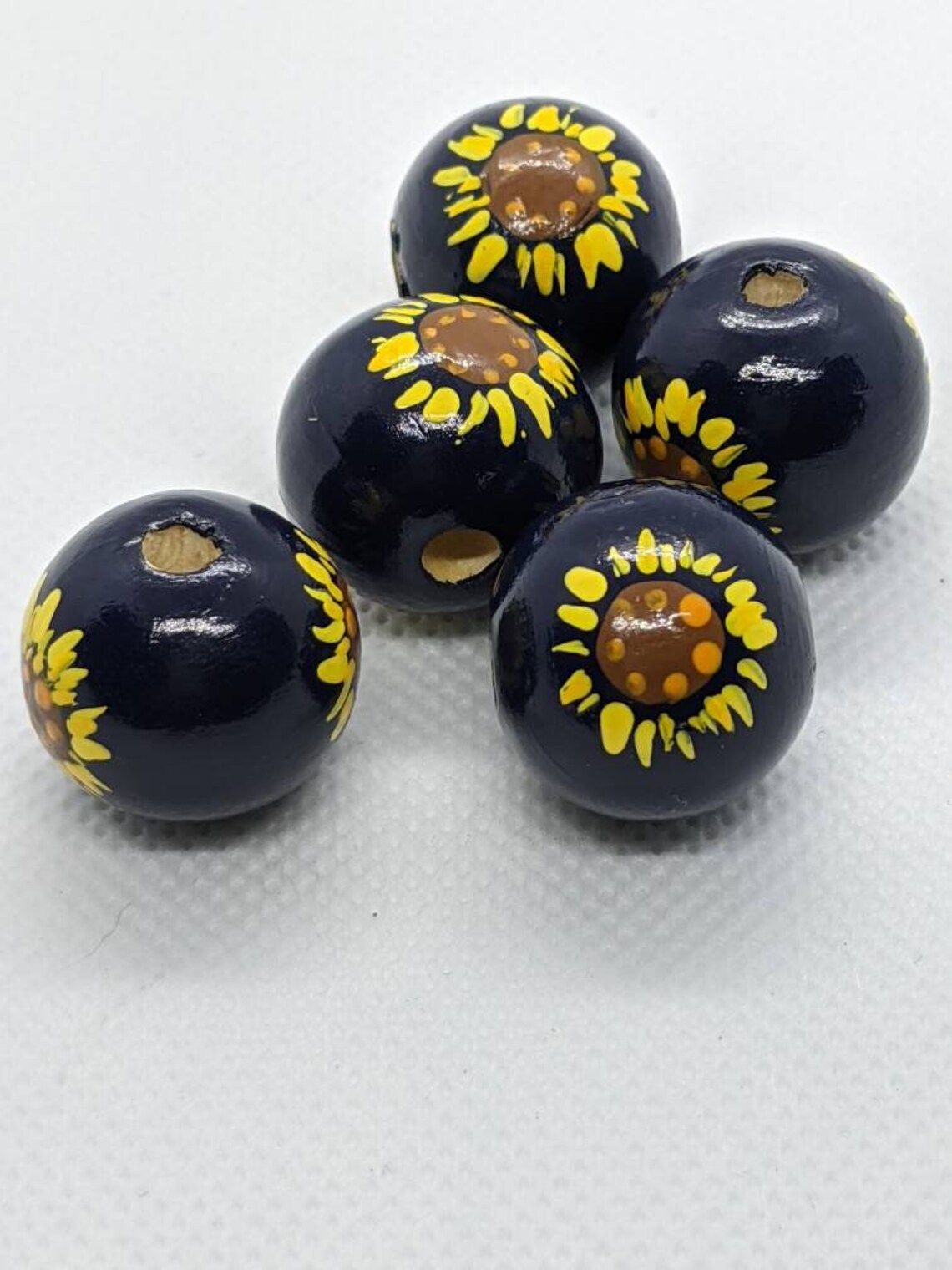 Hand Painted Wooden Beads, Midnight Blue Sunflower Design (5 Pieces) - Etsy