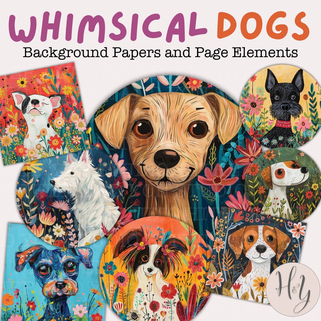 Whimsical Dogs Elements Background Paper Pack Including Colorful Dogs ...