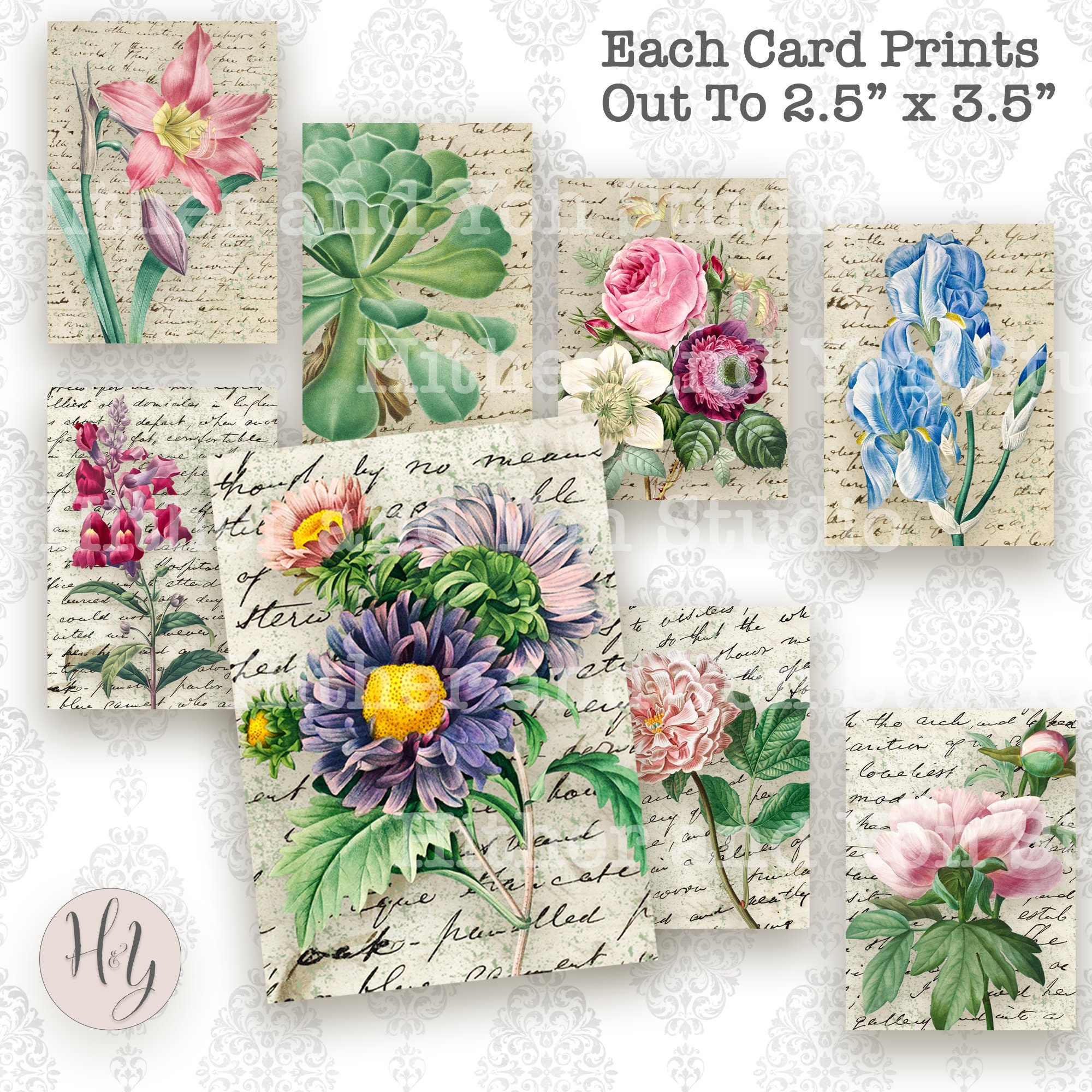 Journal Cards, Flower Cards, Digital Collage Sheet, Digital Cards ...