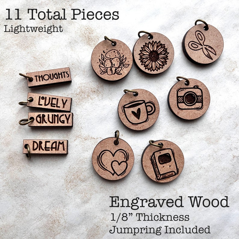 Junk Journal Elements, Charms for Dangles, Handmade Wooden Engraved ...