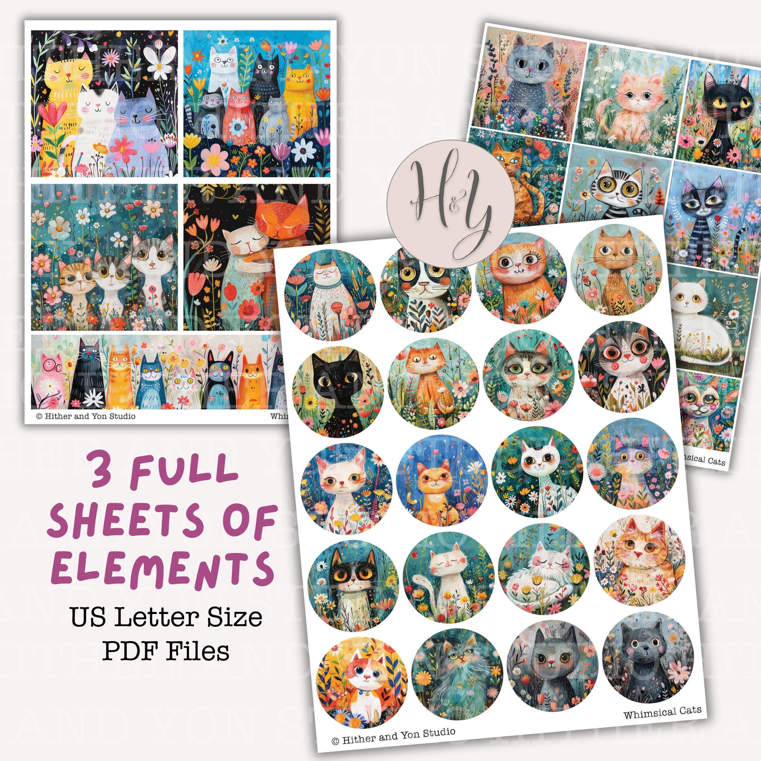 Whimsical Cats Background Paper Pack and Elements Including Colorful ...