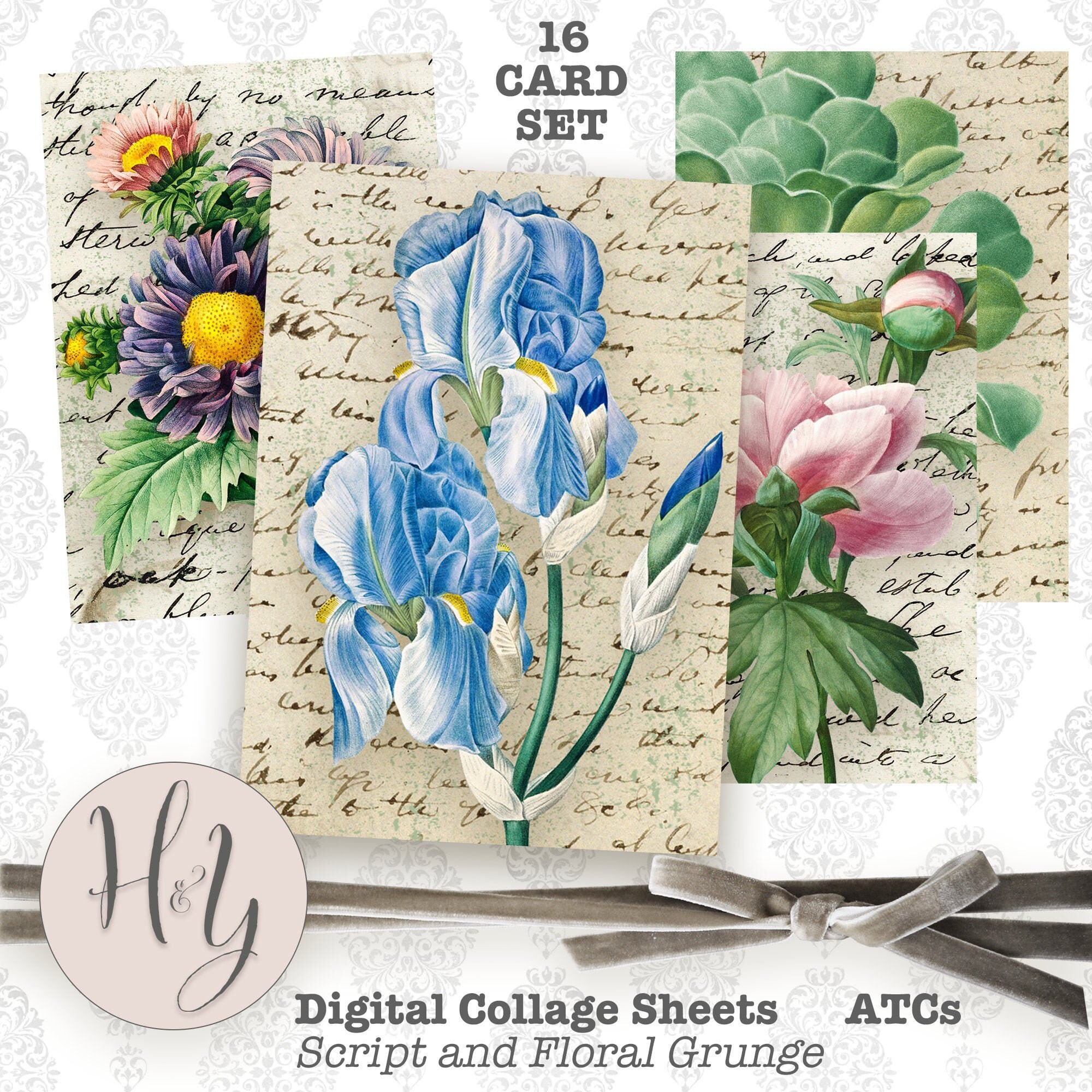 Journal Cards, Flower Cards, Digital Collage Sheet, Digital Cards ...