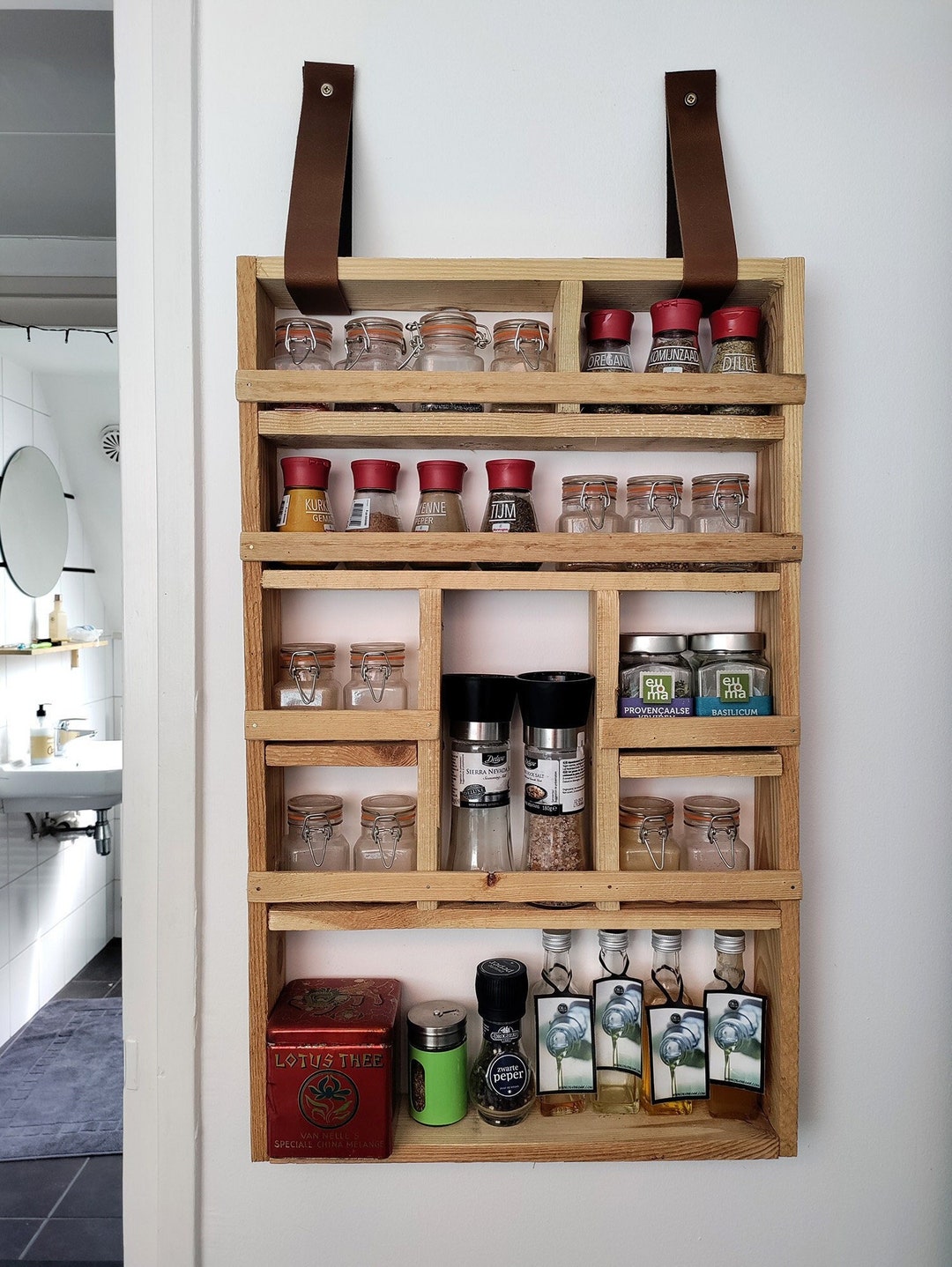 Rustic Spice Rack From Reclaimed Pallet Wood With Leather Straps ...
