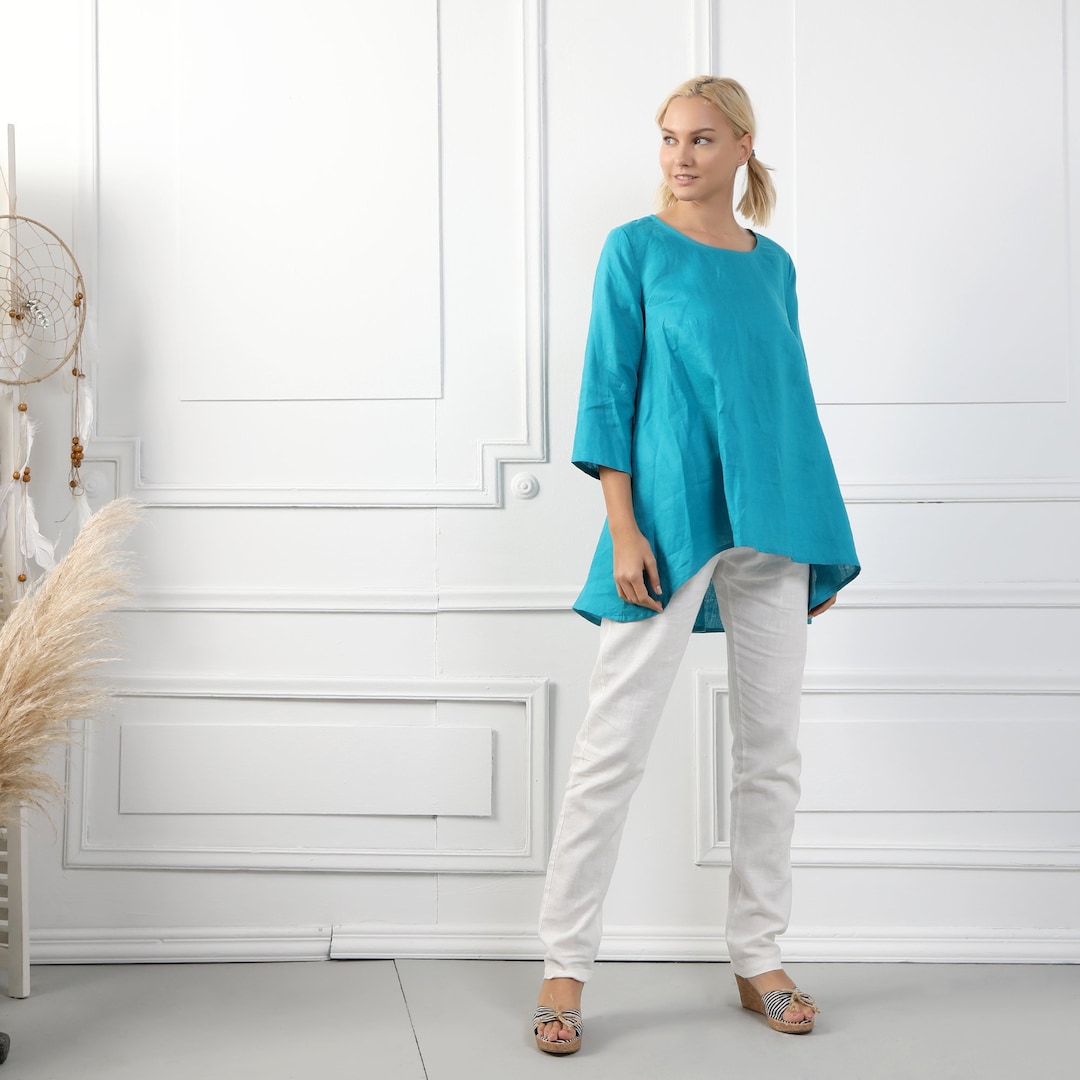 ELIANA Handmade Loose Fit Linen Top With 3/4 Sleeves, Teal Blue Linen ...