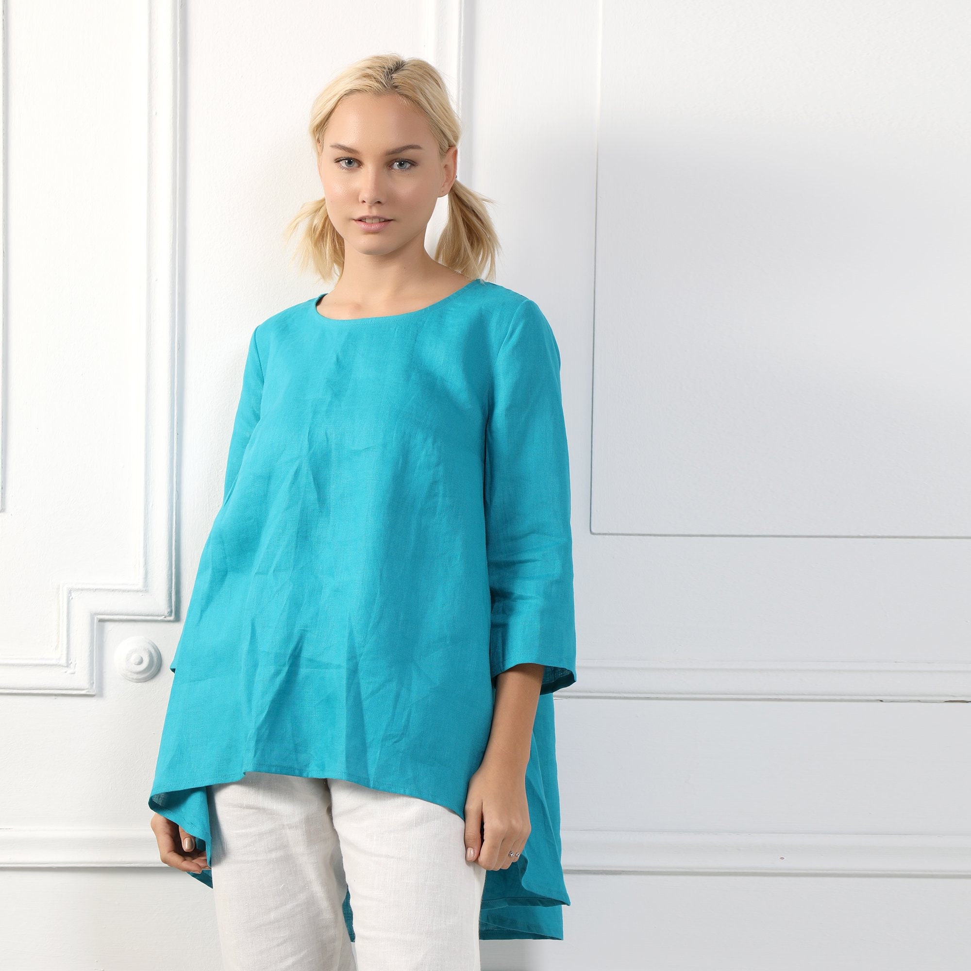 ELIANA Handmade Loose Fit Linen Top With 3/4 Sleeves, Teal Blue Linen ...