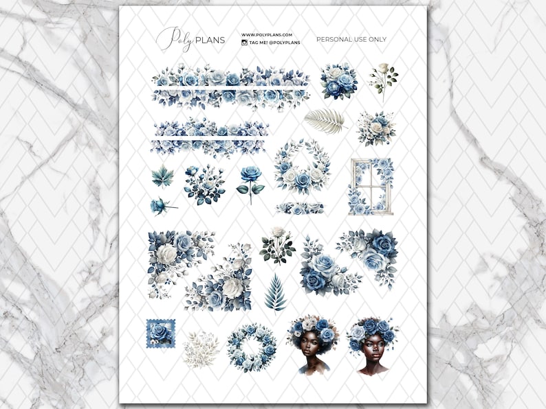 Blue Roses | Floral Journal Printable Stickers, Flowers Deco Planner ...