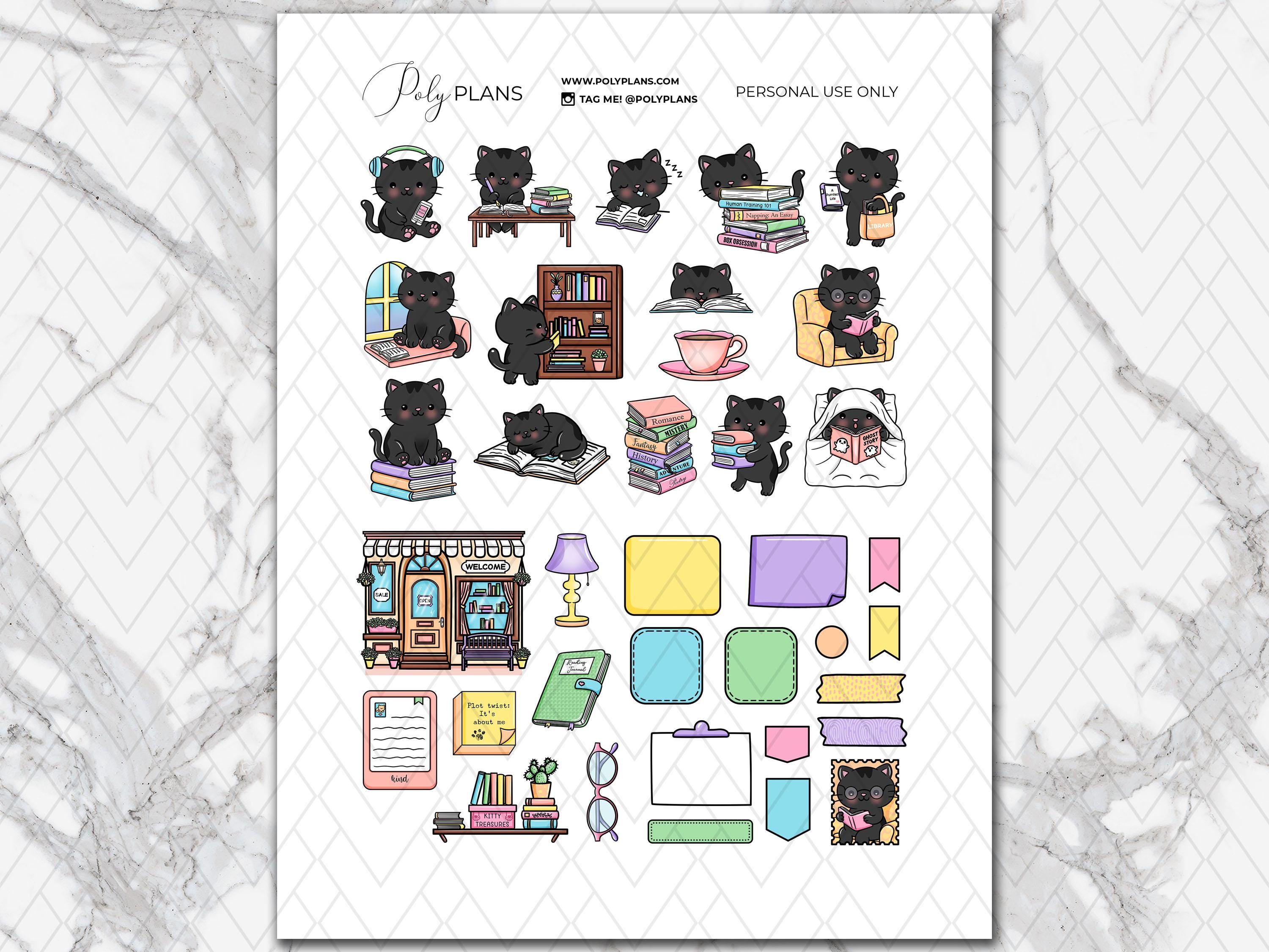 Cute Bookish Printable Stickers, Book Lover Cats Planner Stickers ...