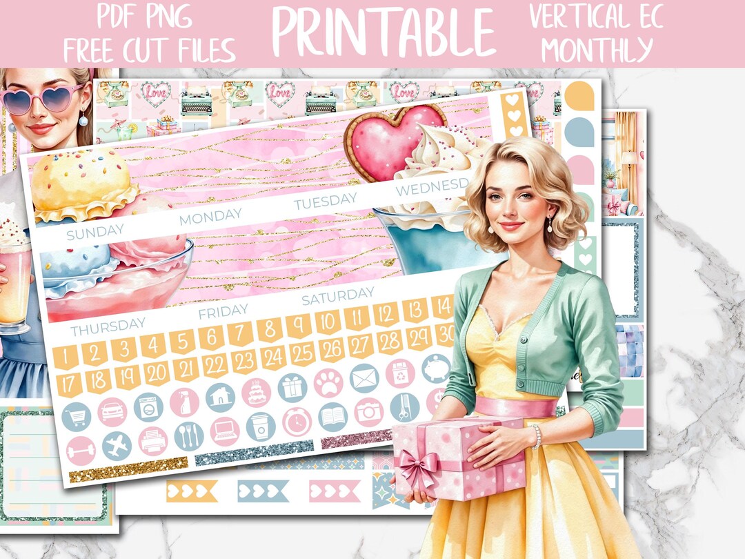 50s Pop | Retro Diner Printable Planner Stickers, Erin Condren Monthly ...