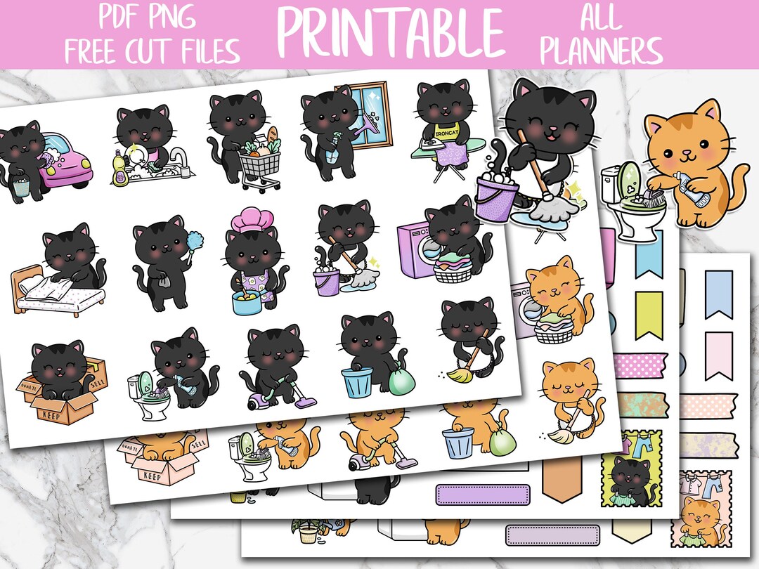 Household Chores Printable Stickers, Cute Cats Planner Stickers ...