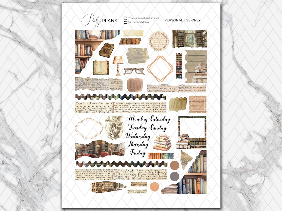 At the Library | Bullet Journal Printable Sticker, Book Lover Diary ...