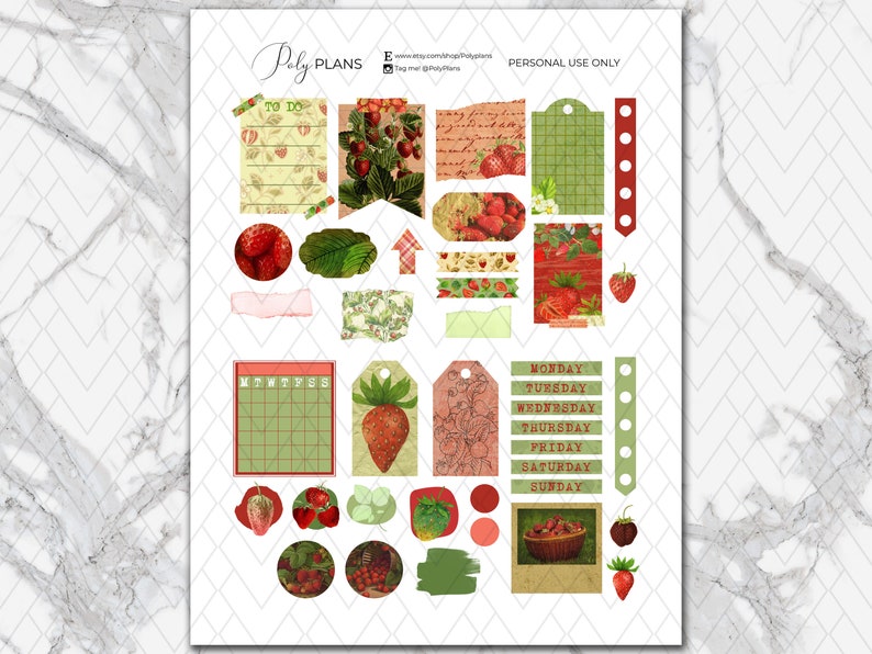 Strawberry Bullet Journal Printable Stickers Fruit Diary - Etsy