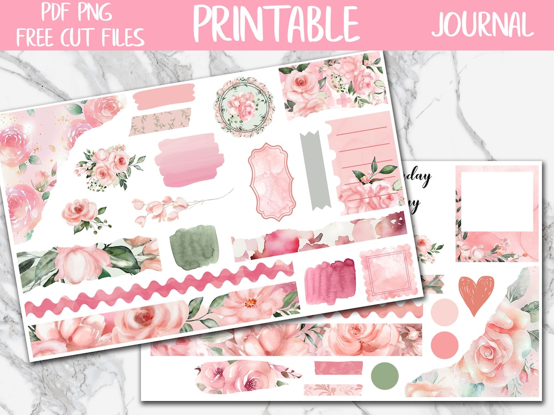 Roses | Bullet Journal Printable Stickers, Pink Flower Diary Digital ...