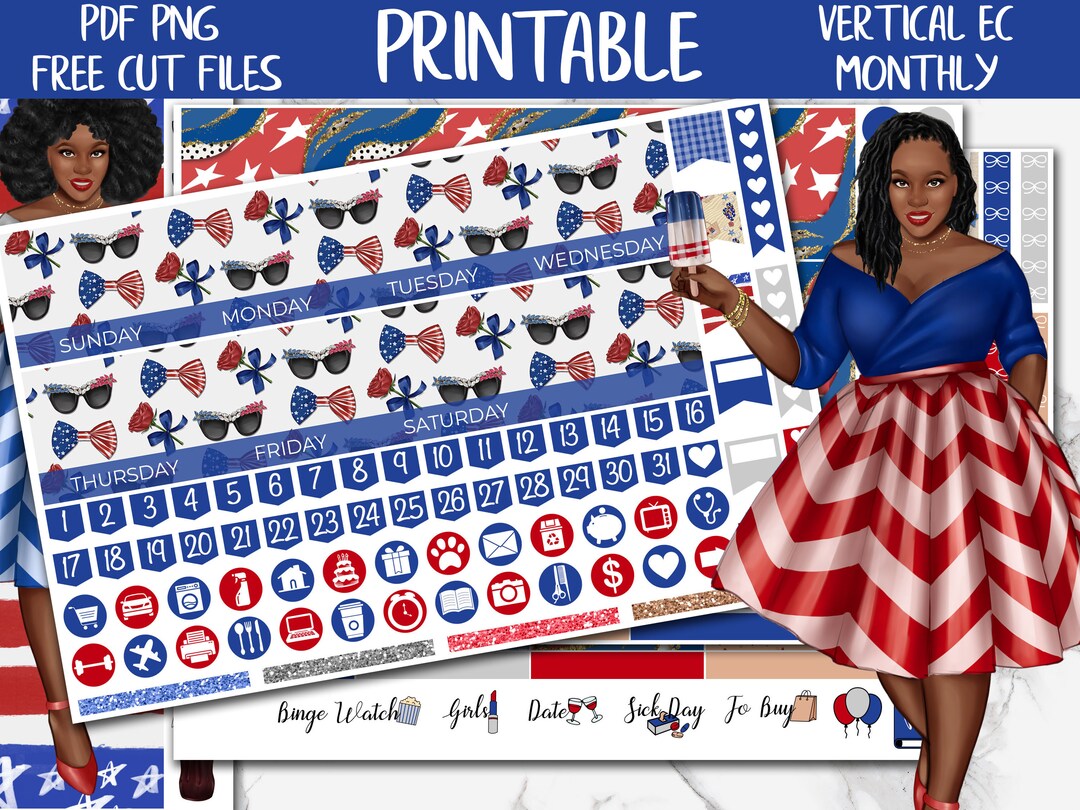 4th of July | USA Patriotic Printable Planner Stickers, Erin Condren ...