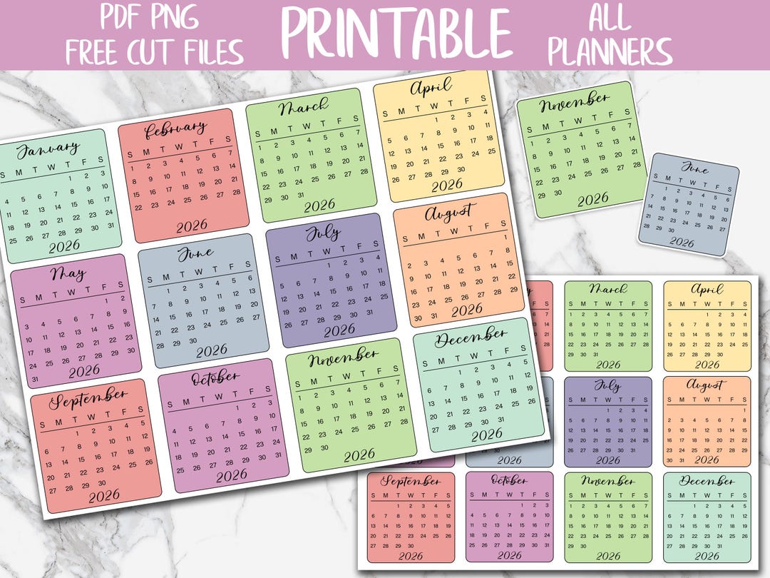 2026 Colorful Calendars Printable Planner Stickers, Sunday Start ...
