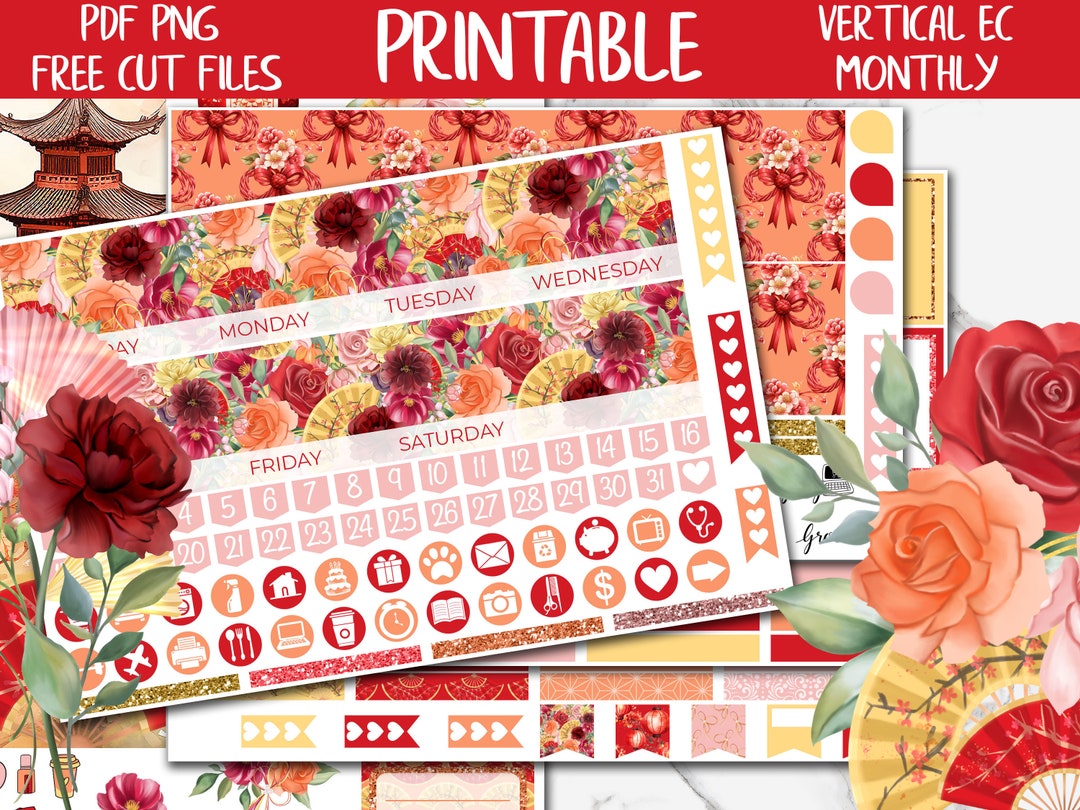 Chinese Printable Planner Sticker, Flowers Erin Condren Monthly Planner ...