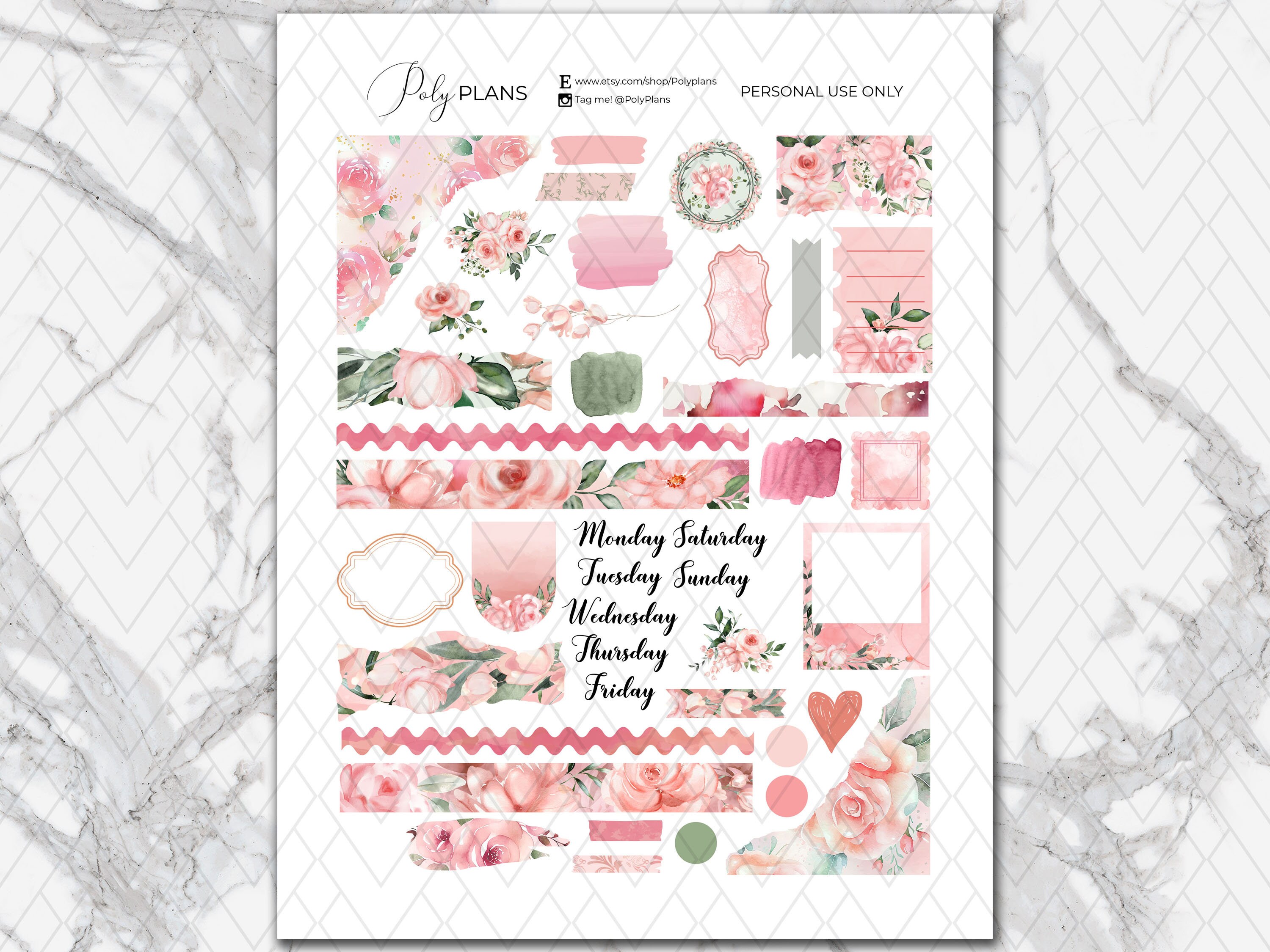 Roses | Bullet Journal Printable Stickers, Pink Flower Diary Digital ...