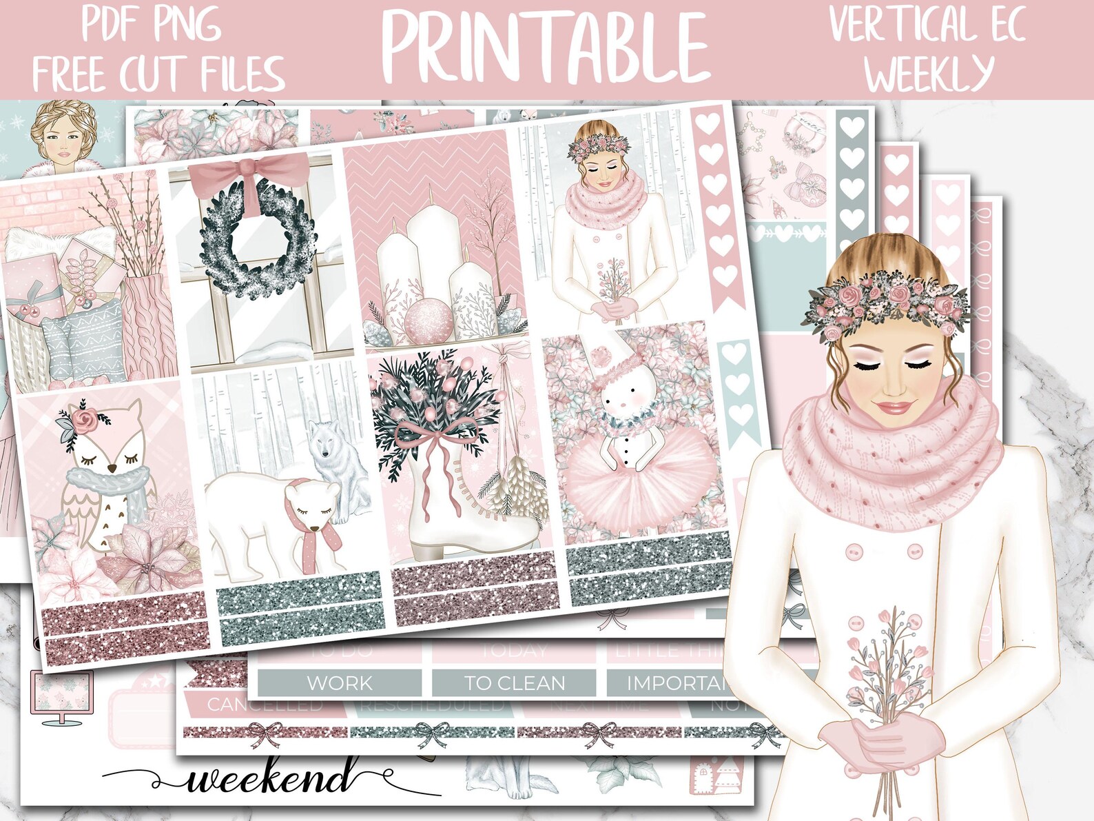Pink Winter Erin Condren Printable Planner Stickers, Winter Digital ...