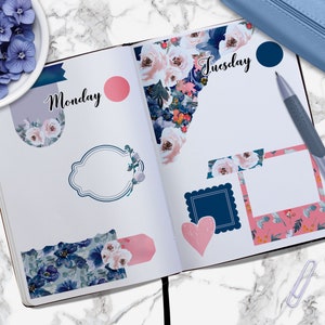 Winter Florals | Bullet Journal Printable Stickers, Blue Flowers Diary ...