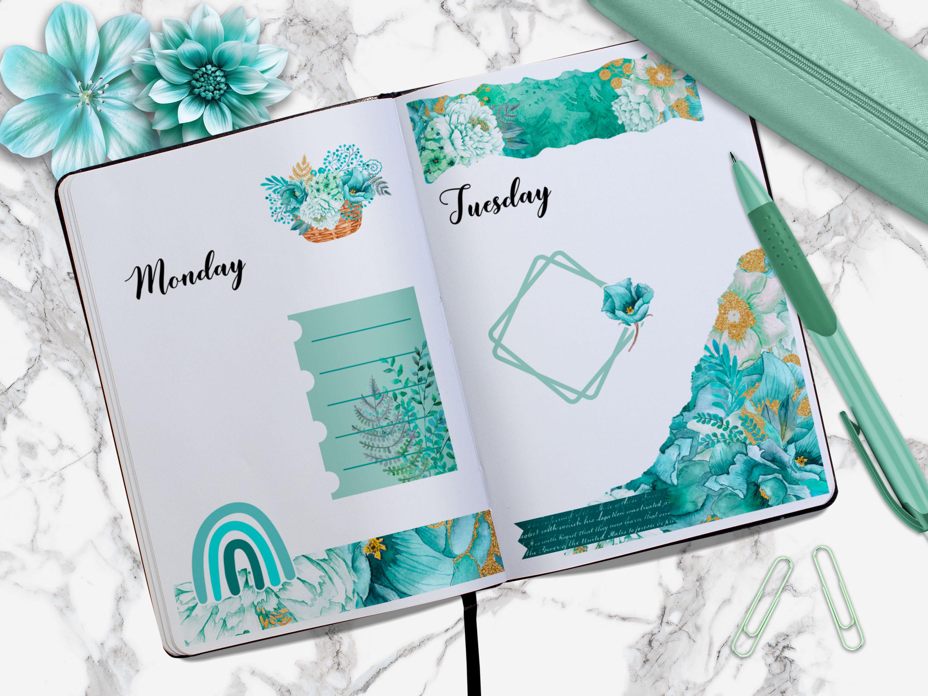 Mint | Bullet Journal Printable Stickers, Mint Flowers Diary Digital ...