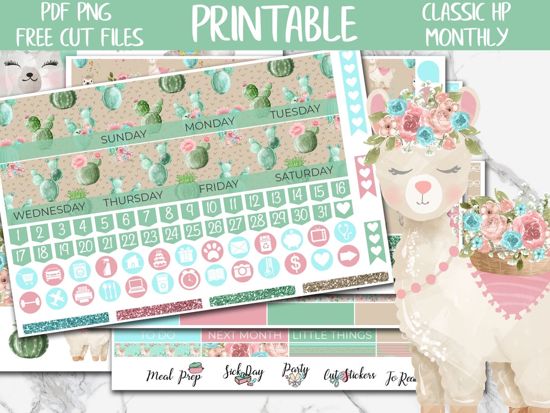 Llama Classic Happy Planner Printable Monthly Stickers, Spring Llamas ...